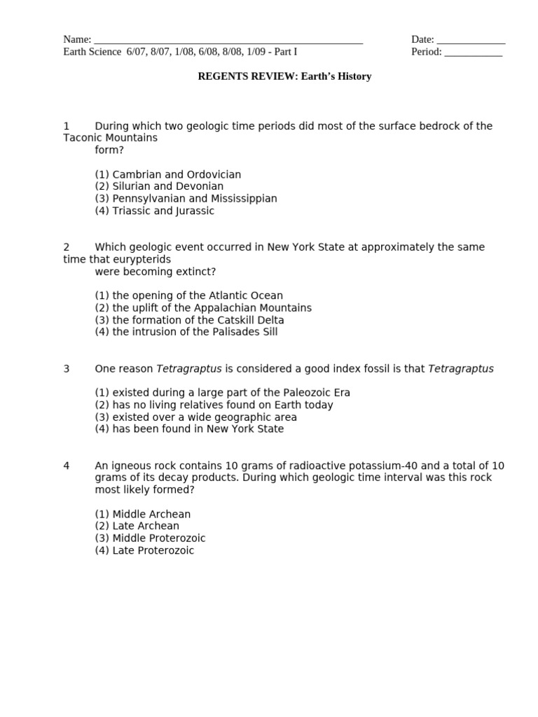 11 Regents Review Earths History | PDF | Geology | Rock (Geology)