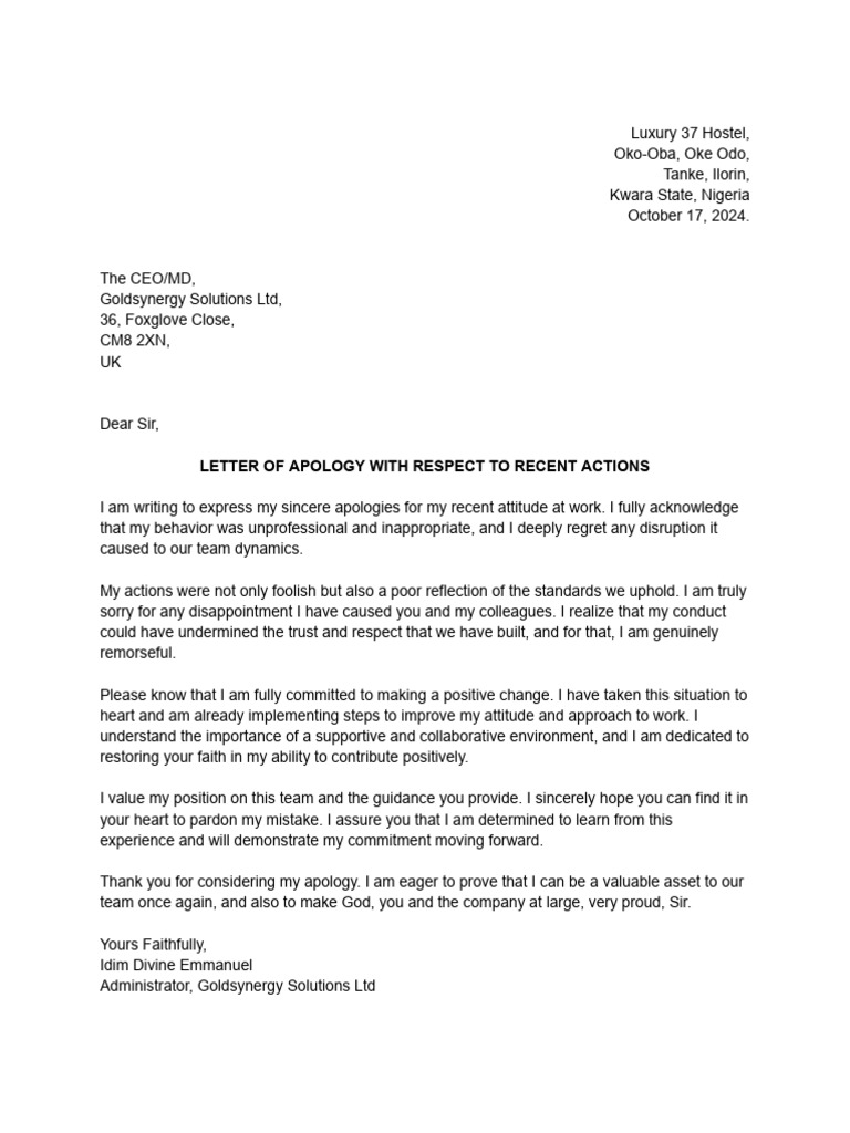Letter of Apology With Respect To Recent Actions | PDF