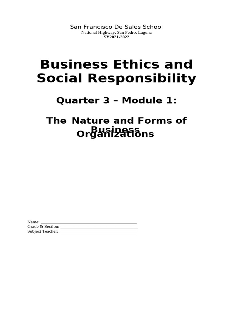Business Ethics Q3 Module 1 Nature and Forms of Business Organizations | PDF | Partnership ...
