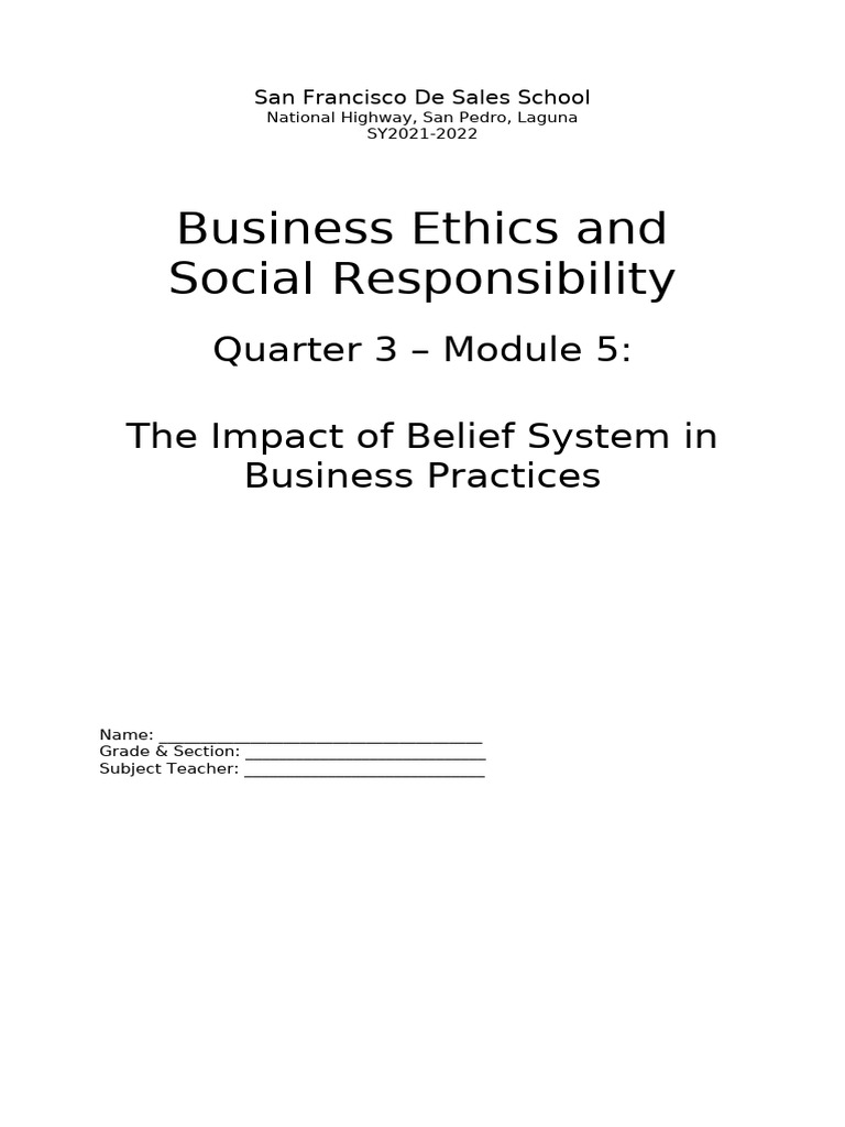Business Ethics Q4 Module 1 Impact of Belief System in Business ...