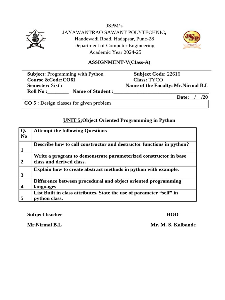 Python OOP Assignment for TYCO Students | PDF