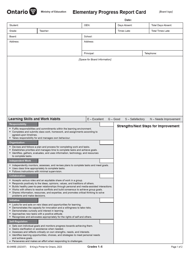Ontario Elementary Progress Report Card | PDF | Individualized ...