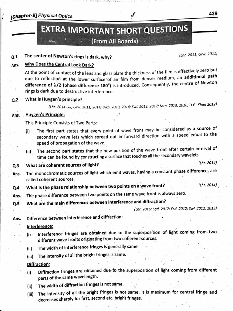 Chapter #09 (Extra Short Questions) | PDF | Diffraction | Light