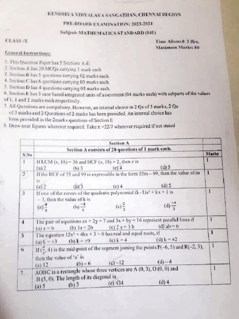 Maths CLASS 10 Pre Board 1 2023-24 | PDF