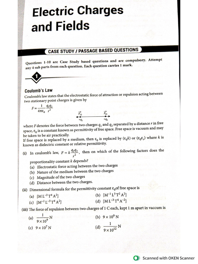 Electric Charges and Fields - Case Based Questions | PDF