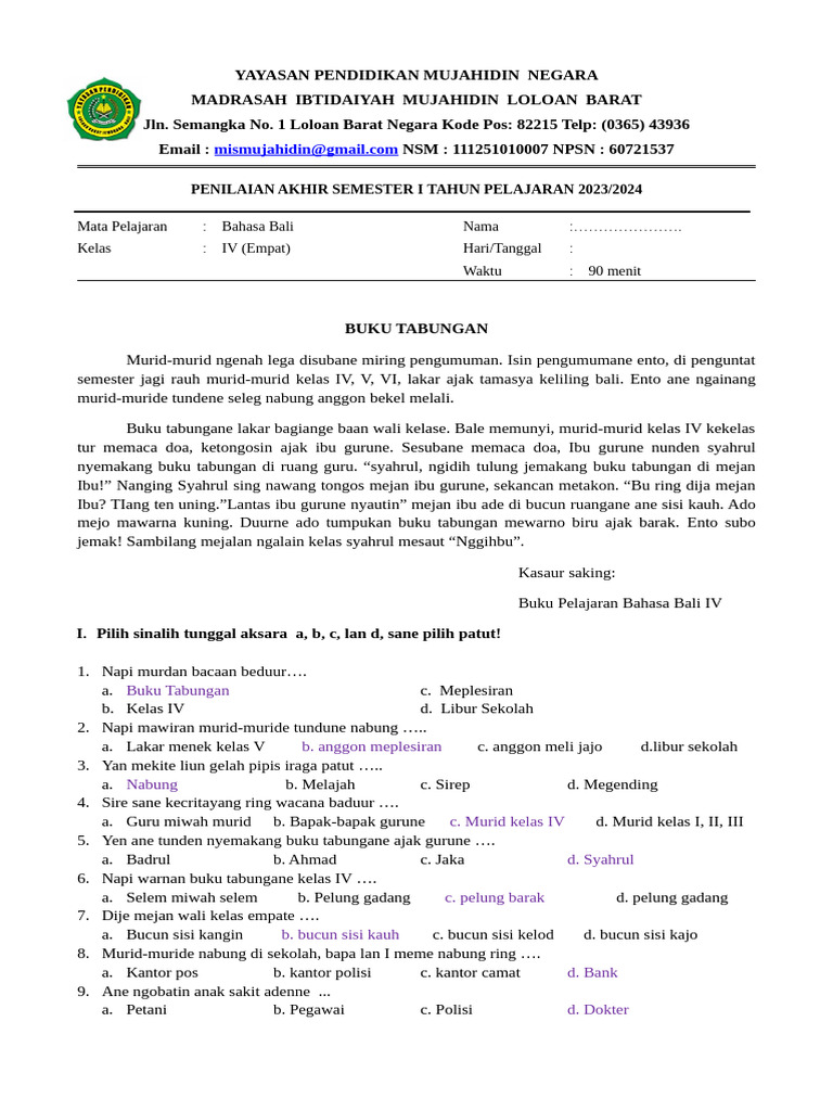 Soal Pas BHS Bali Kelas 4 | PDF