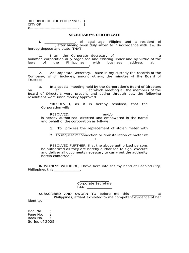 Secretary Certificate | PDF