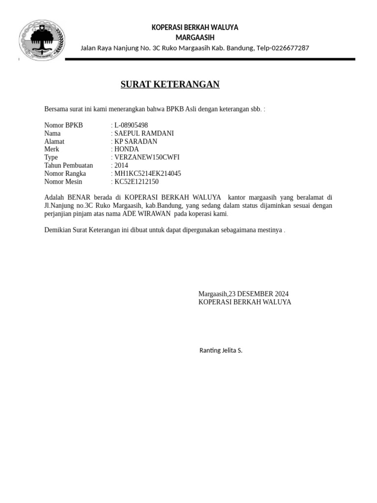Format Surat Keterangan BPKB Dalam Jaminan | PDF