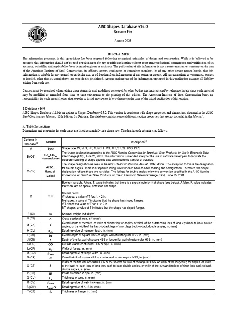 Aisc Shapes Database V16 0 Overview Pdf Databases