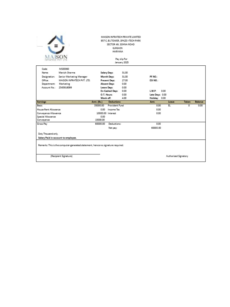 January 2025 Payslip for Manish Sharma | PDF