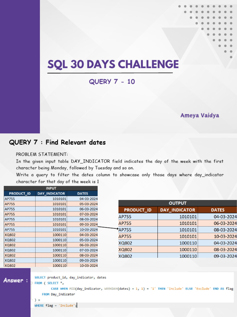 Query 7 to 10 - 30 days SQL challenge | PDF