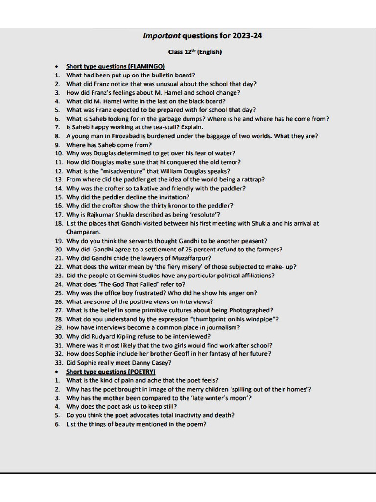 Class 12th English Most Important Questions 2023-24 | PDF