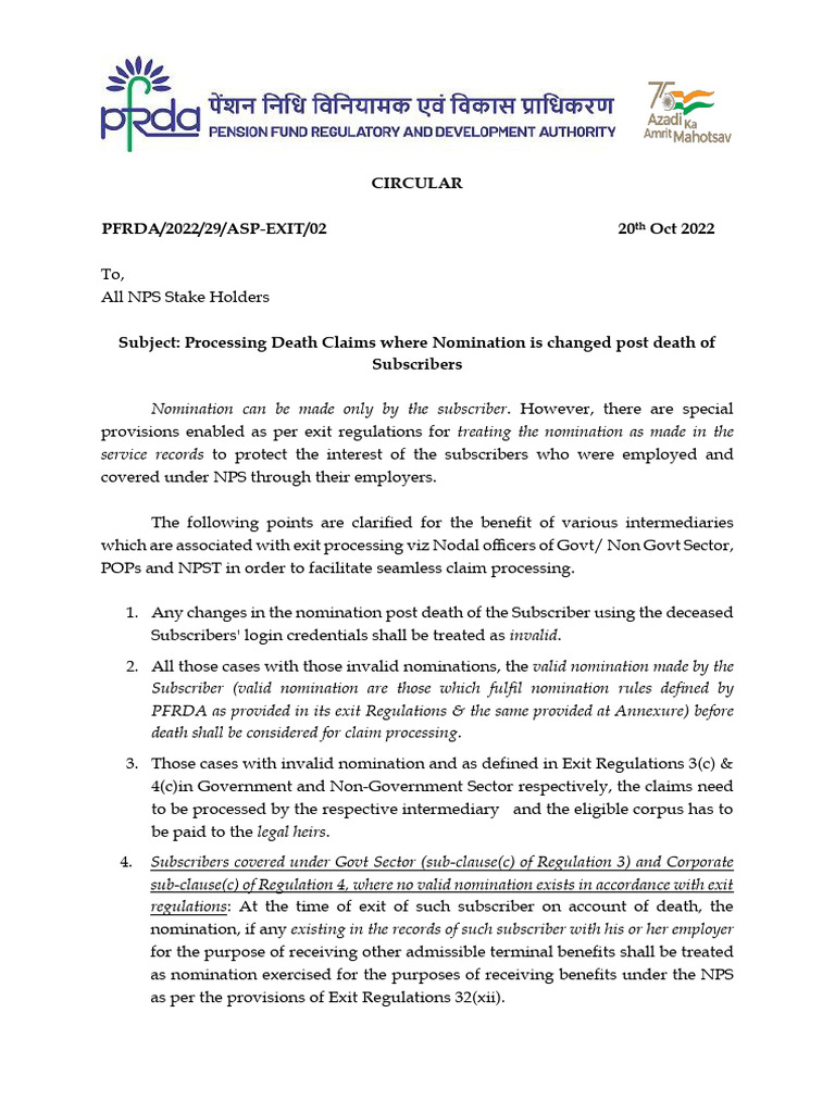 NPS Death Claim Processing Guidelines | PDF | Husband | Social Institutions