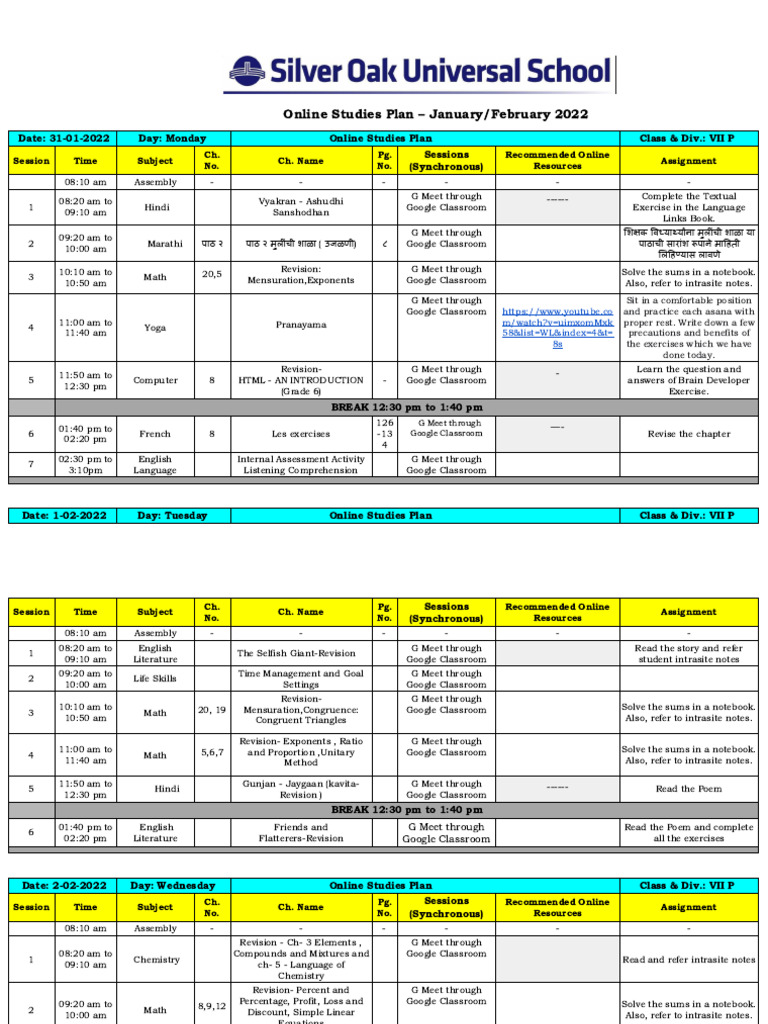 Class VII Online Study Schedule 2022 | PDF