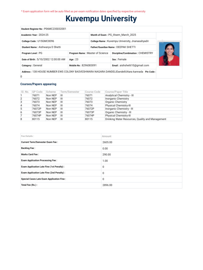 Uucms - Karnataka.gov - in ExamGeneral StudentPrintExamApplication | PDF