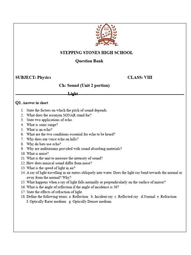 Physics Worksheet 2 Unit II | PDF | Reflection (Physics) | Refraction