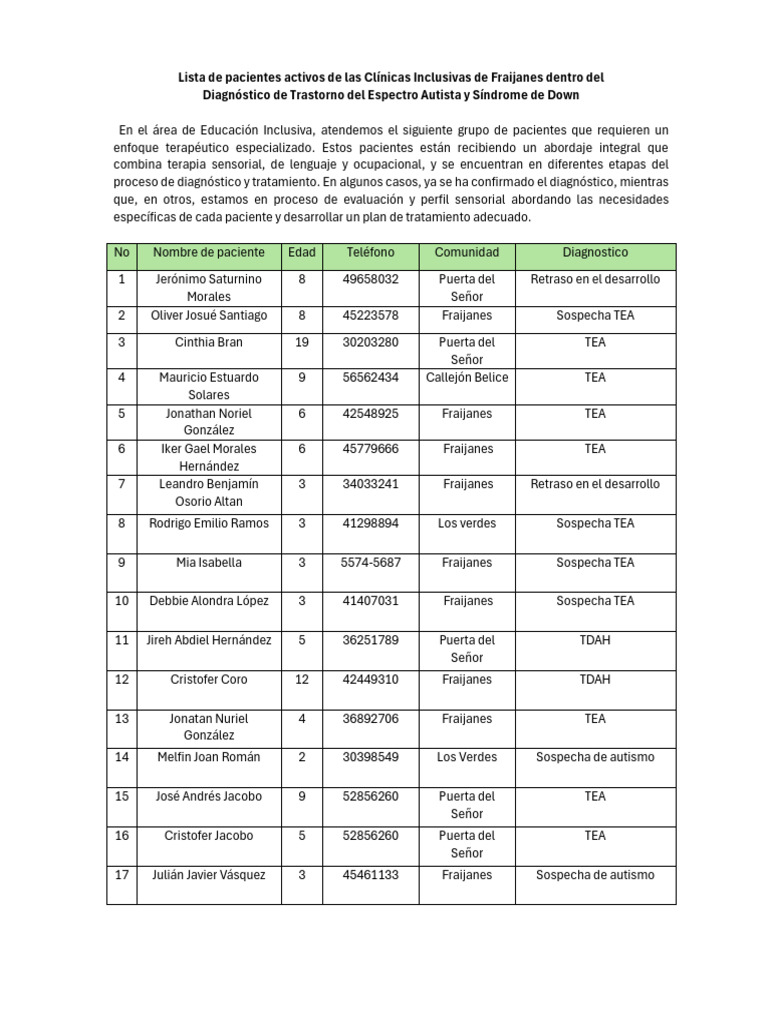Lista de Pacientes Activos TEA, TDAH, S.down (1) | PDF | Autismo ...
