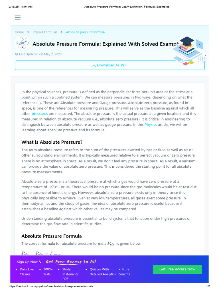 Absolute Pressure Formula_Definition | PDF | Pressure | Pressure ...