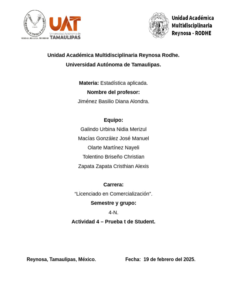 U1 Act. 4 Ejercicios - Prueba t de Student | PDF | Pruebas | Teorías cientificas