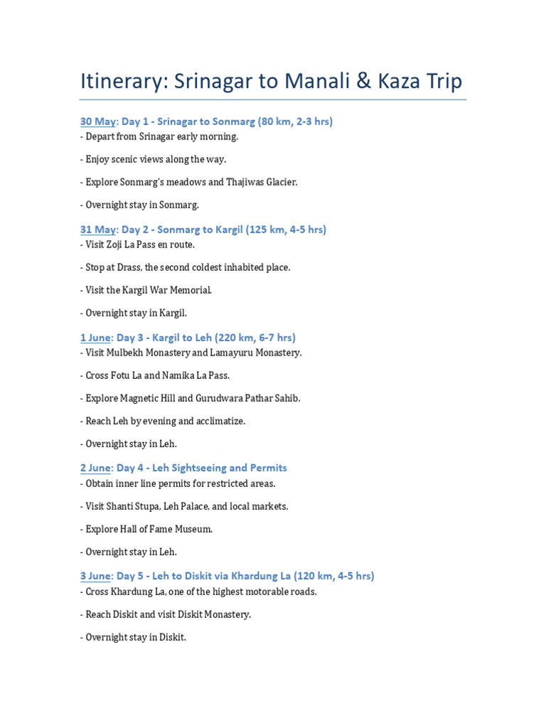 Kashmir-Leh-Spiti-Manali Trip | PDF