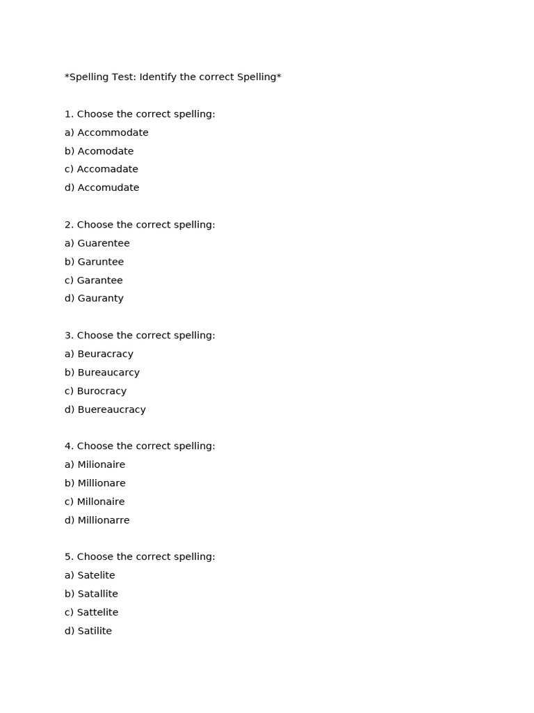 Spelling Test: Correct Spellings Quiz | PDF
