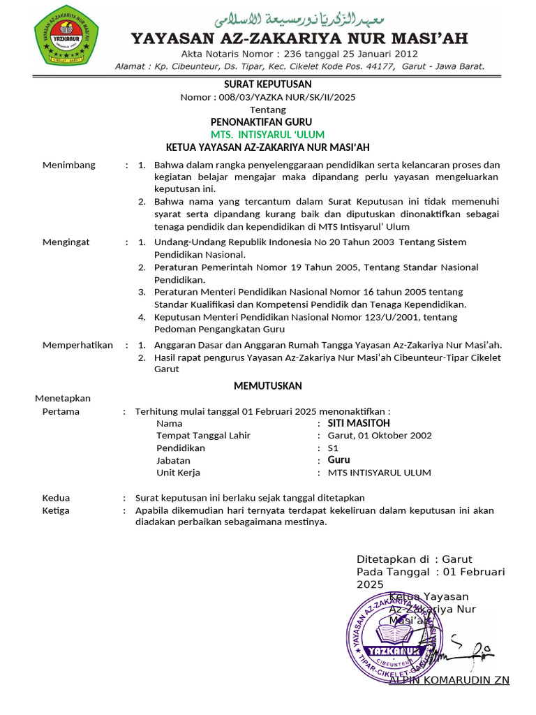 Surat Keputusan Penonaktifan Siti Aisah | PDF