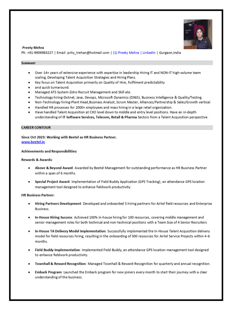 Resume of Preety Mehra-2024 (1) | PDF | Human Resources | Recruitment