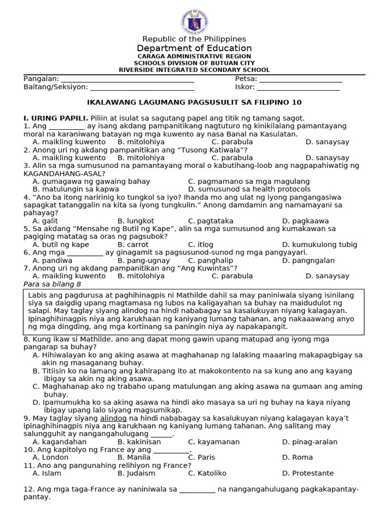 Filipino10 Q1 ST2 | PDF