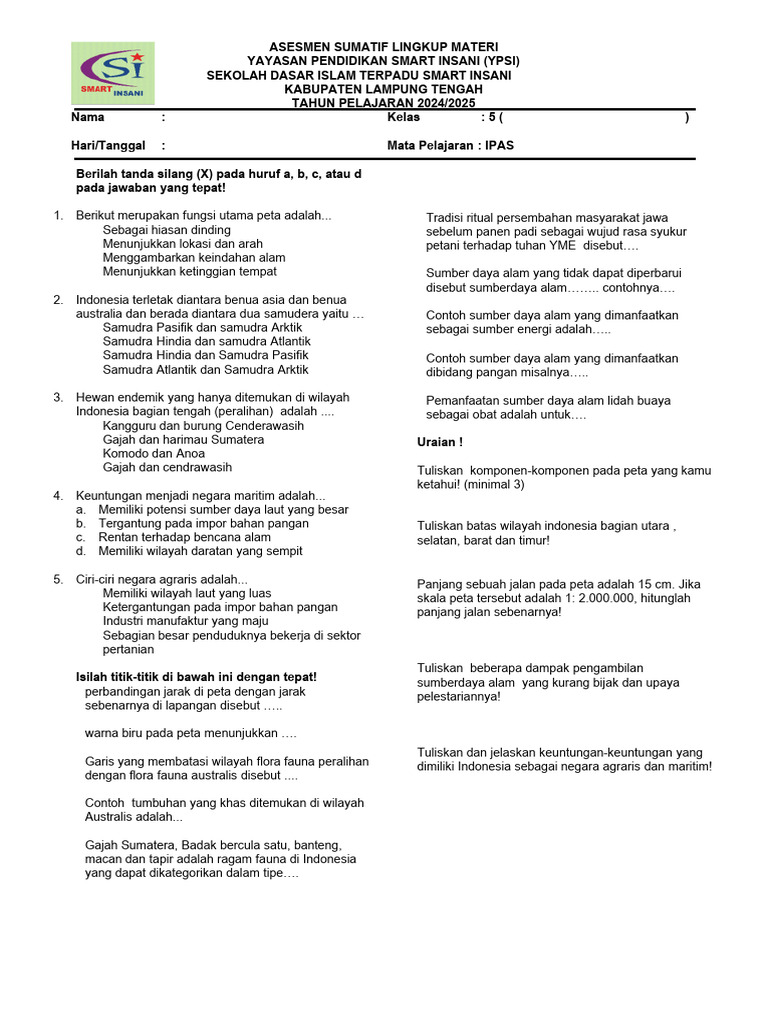 Soal Ph 2 Ipas Kls 5 2024-2025 | PDF