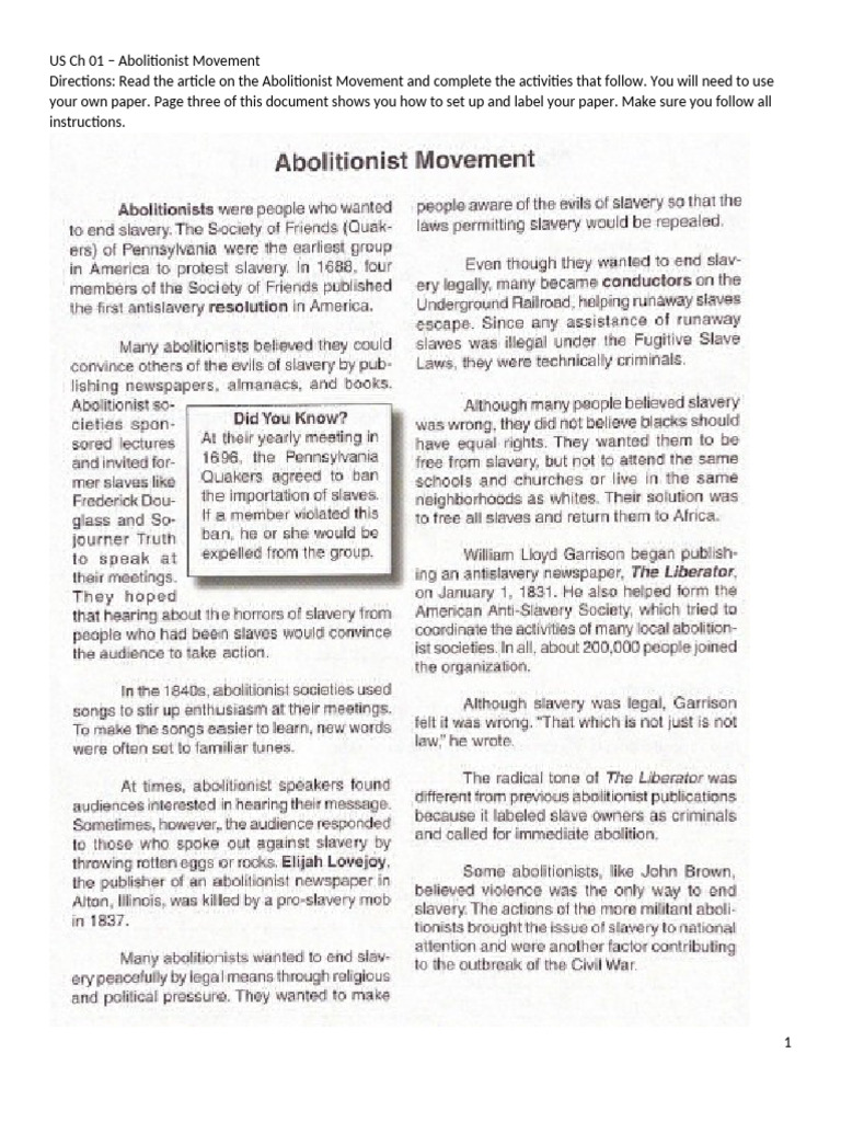 US CH 01 Abolitionist Movement | PDF