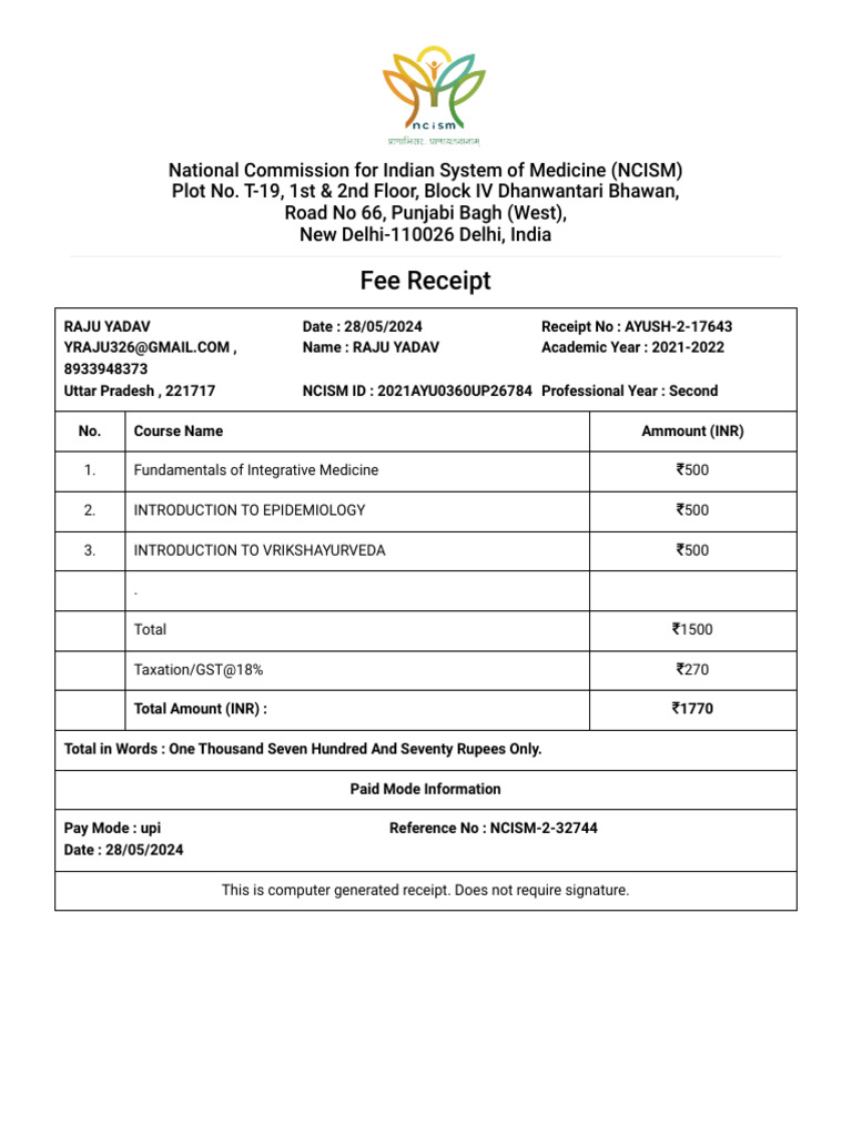 Fee Receipt for Integrative Medicine Courses | PDF