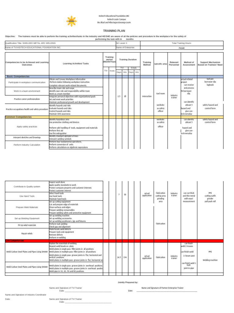 TRAINING PLAN 2 | PDF | Welding | Construction