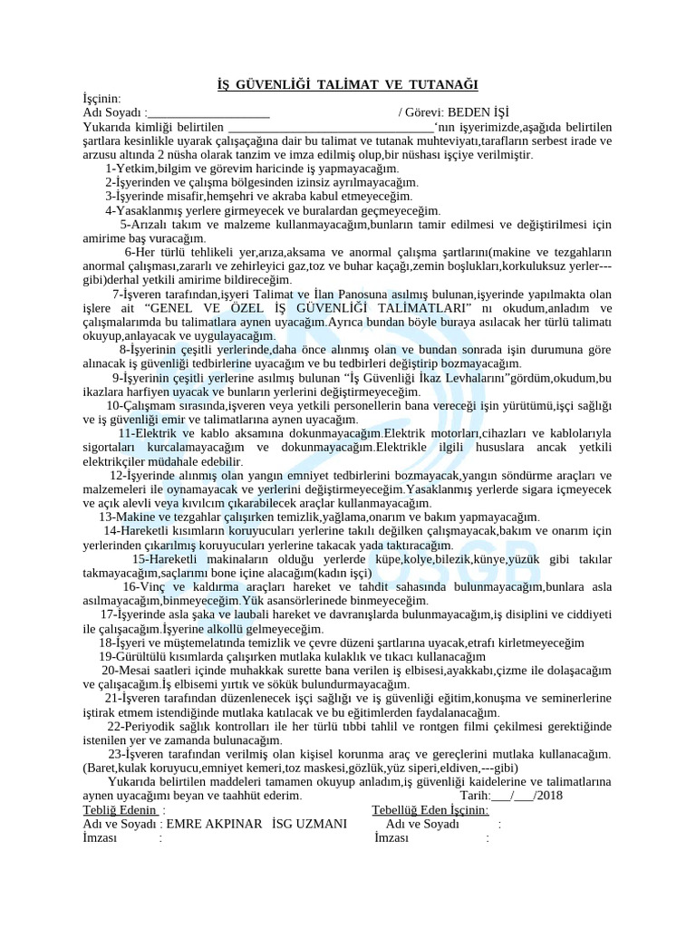 İş Güvenliği Talimat Ve Tutanağı | PDF