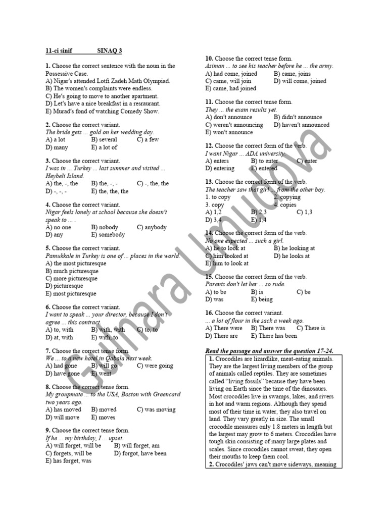 Sinaq 3 + Düzgün Cavablar (XI Sinif) | PDF | Crocodile | Reptile