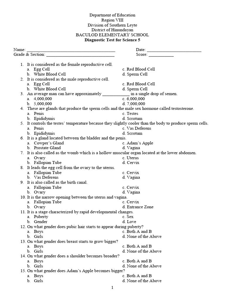 Science Diagnostic Test for Grade 5 | PDF | Flowers | Reproductive System