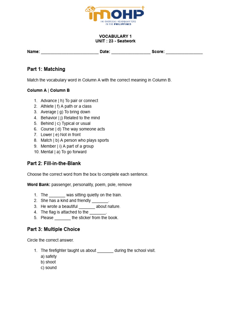 Voca 1_ Seatwork Unit 23-30) | PDF | Question | Evidence