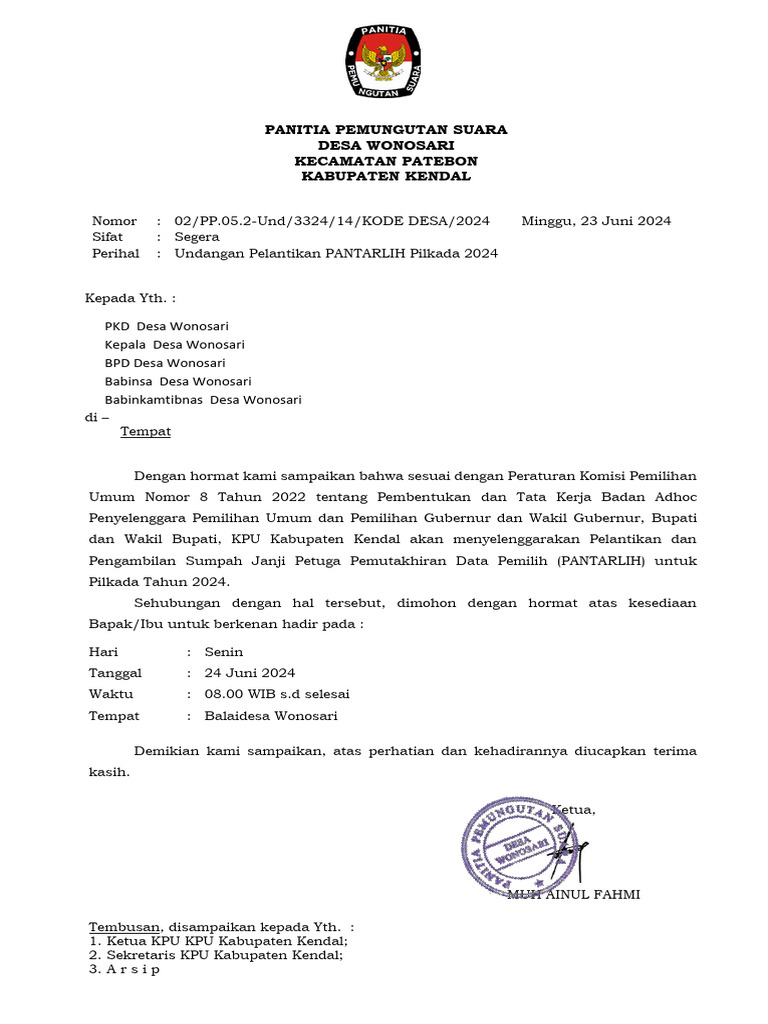 Undangan Pelantikan Pantarlih Pilkada 2024-1 | PDF