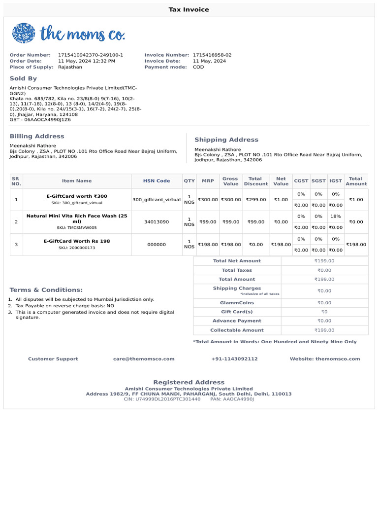 Tax Invoice for E-Gift Cards and Face Wash | PDF | Government Finances ...