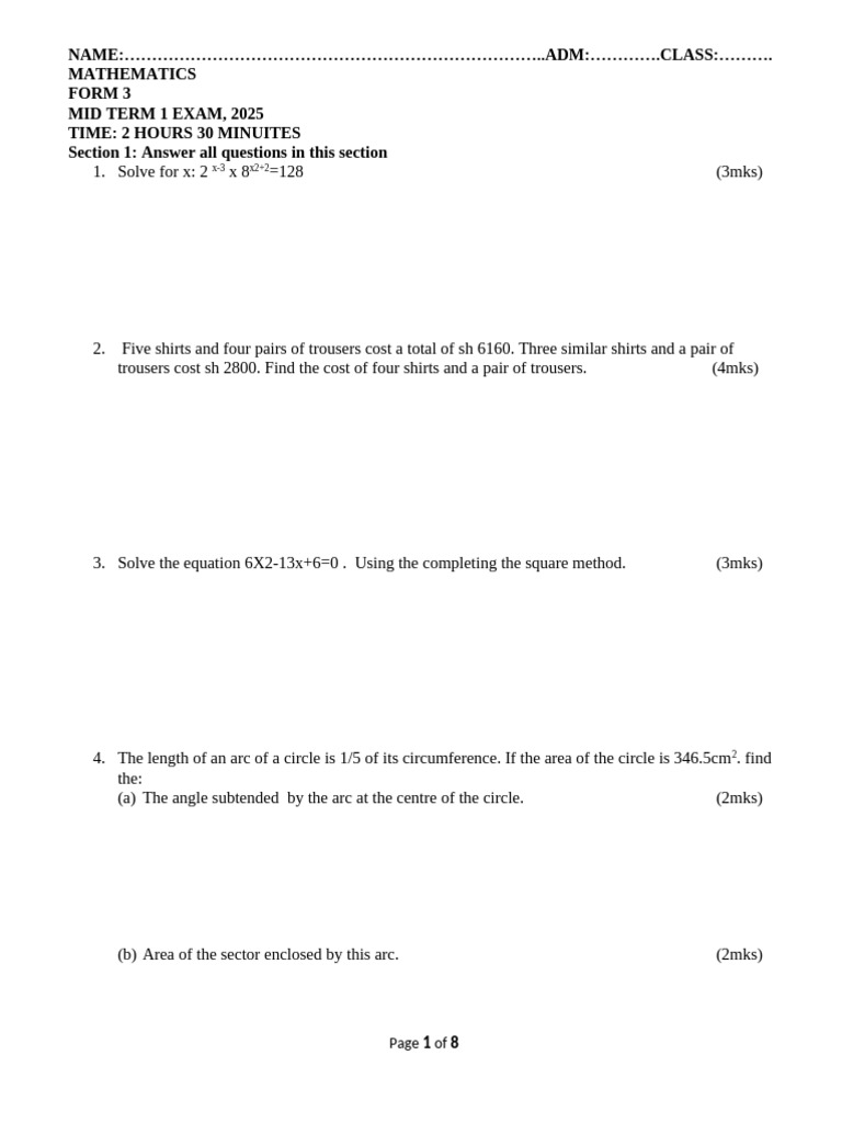 Form 3 Mathematics Mid Term Exam 2025 | PDF | Circle | Trigonometry