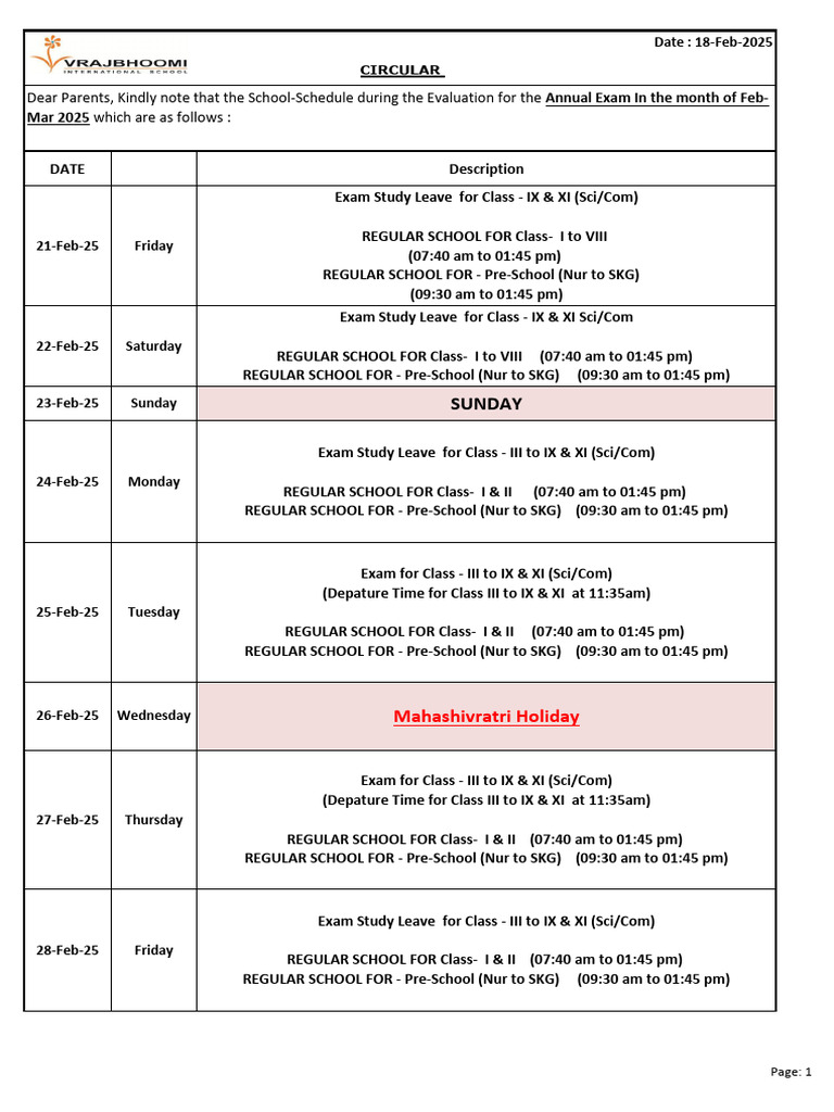 School Exam Schedule February 2025 | PDF
