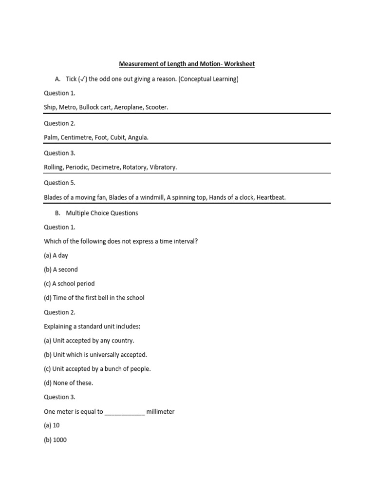 Measurement of Length and Motion Class VI WORKSHEET | PDF | Time | Length