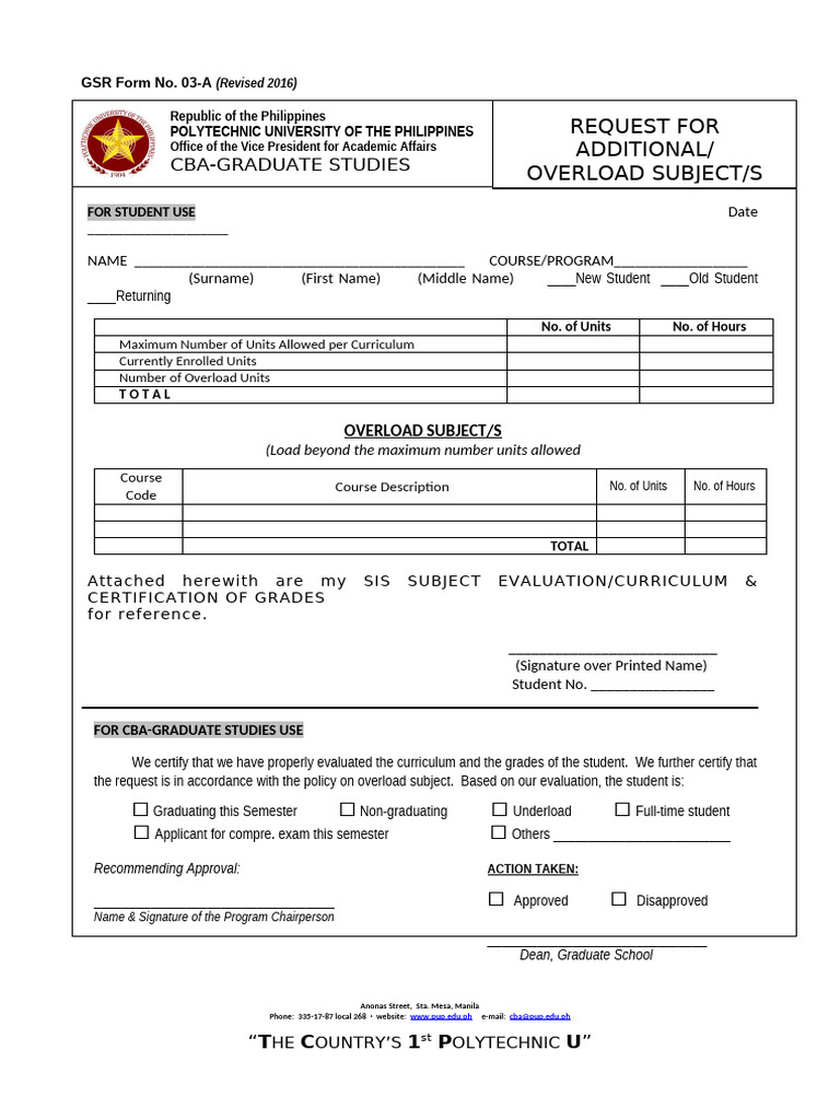 GSR Form No. 03A Request For Additional Overload Subject | PDF ...