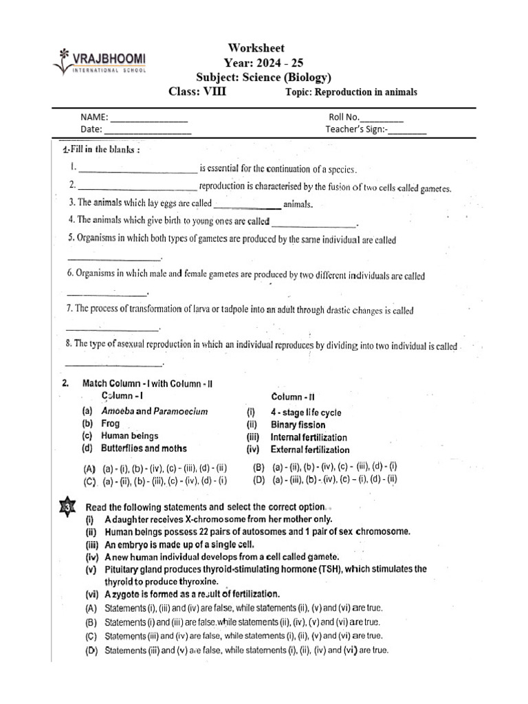 Biology Worksheet: Animal Reproduction | PDF
