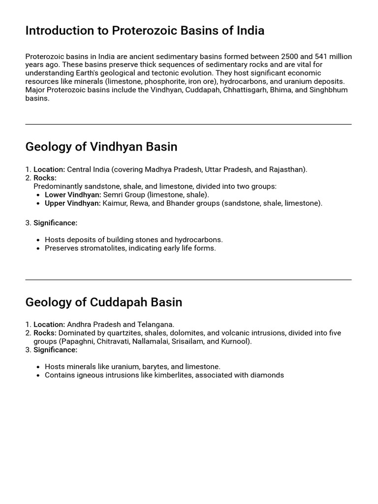 Introduction To Proterozoic Basins of India: Location: Rocks: Lower ...