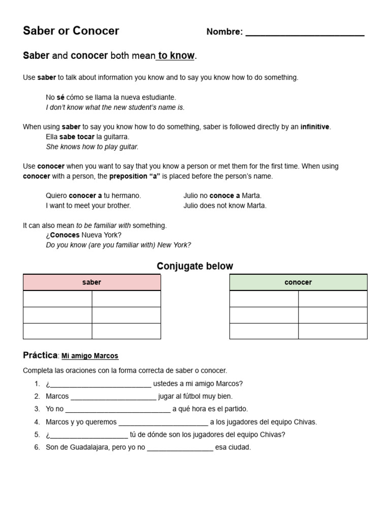 Saber or Conocer and Ser or Estar - Notes and Activities | PDF