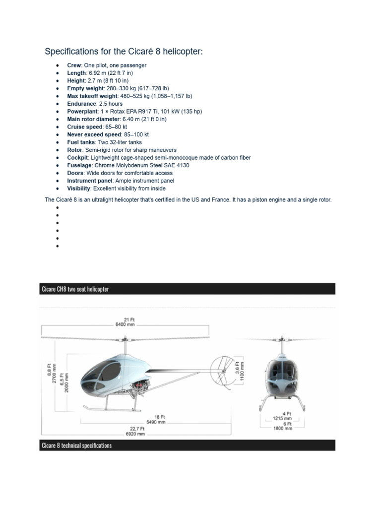 Specs Cicare 8 | PDF