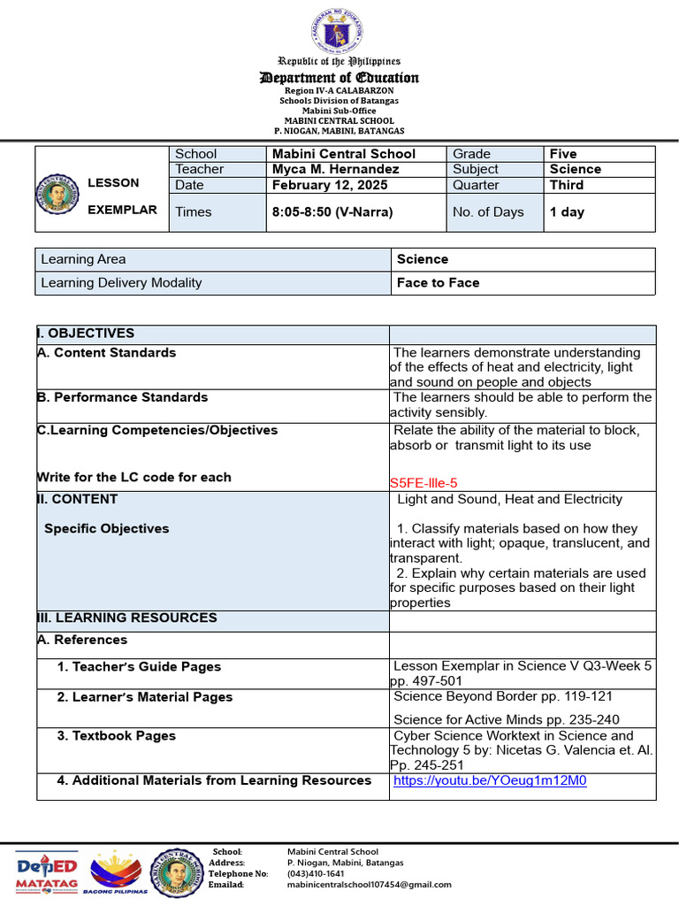 Grade 5 Science Lesson on Light and Sound | PDF | Light | Mirror