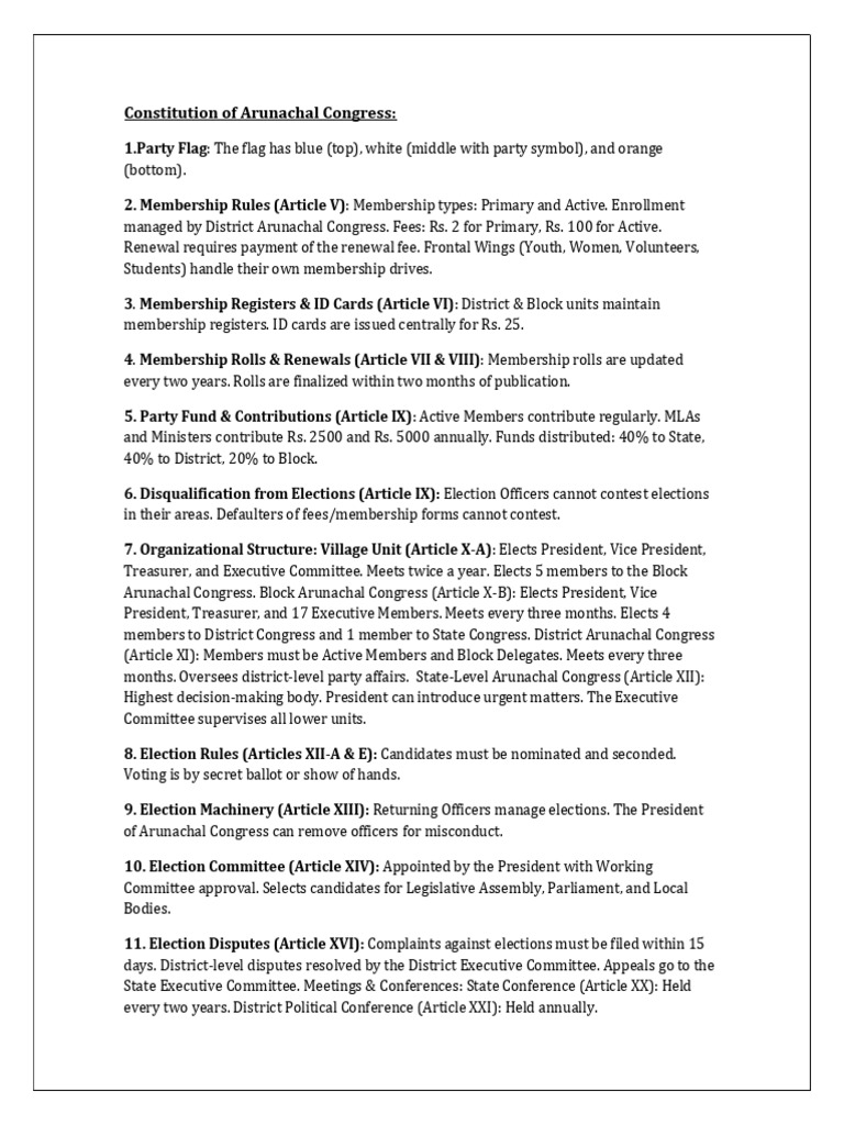 Arunachal Congress Constitution | PDF | Committee | Presidents Of The ...