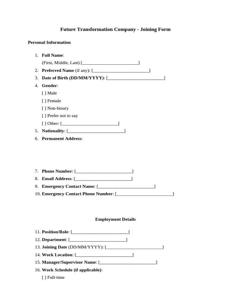 Future Transformation Company Joining Form | PDF