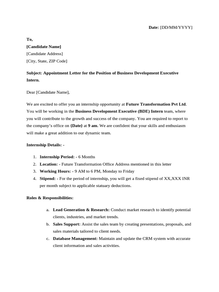BDE Intern Offer Letter Draft | PDF | Non Disclosure Agreement | Business